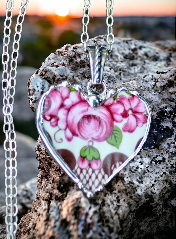 Necklace Broken China Jewelry Broken China Necklace Heart Pendant Pink Roses China Sterling Silver Findings Soldered Jewelry Etsy Ireland