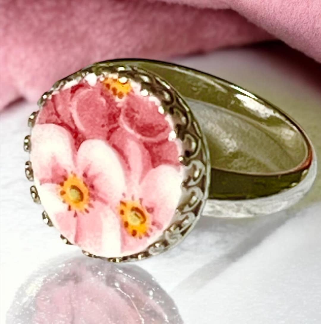 Ring, Broken China Jewelry, Broken China Ring, Pink Floral China, Pink ...
