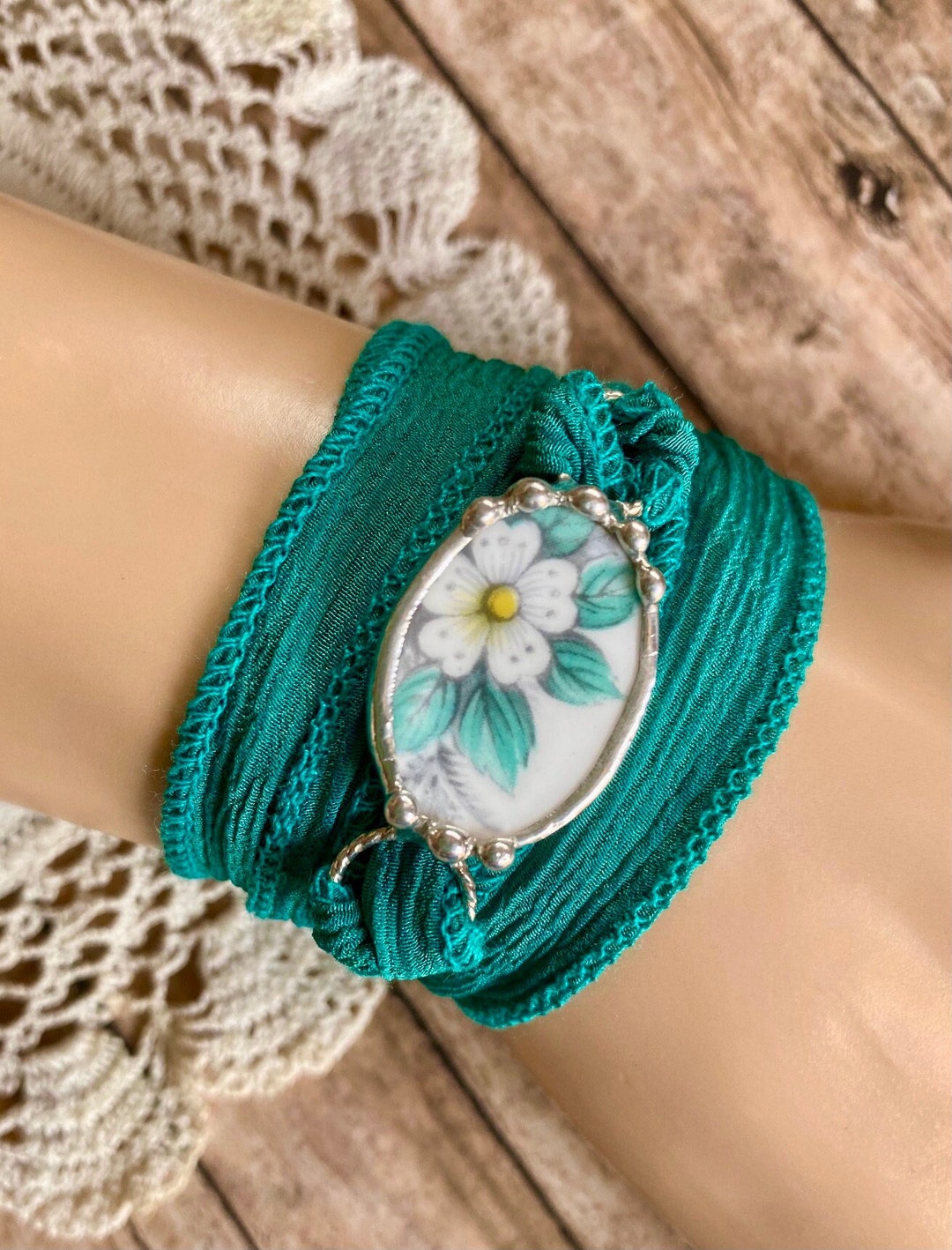 Broken China Bracelet, Broken China Jewelry, Turquoise Floral China ...