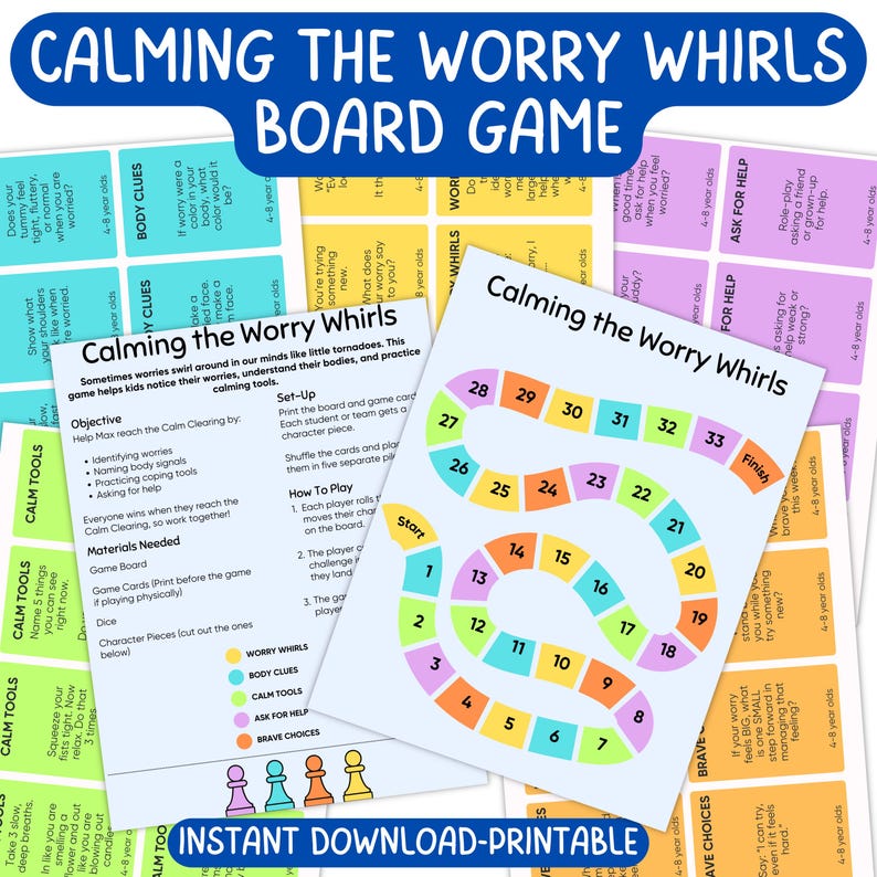 Printable Worry Board Game for Kids, Anxiety Management Game, Coping ...