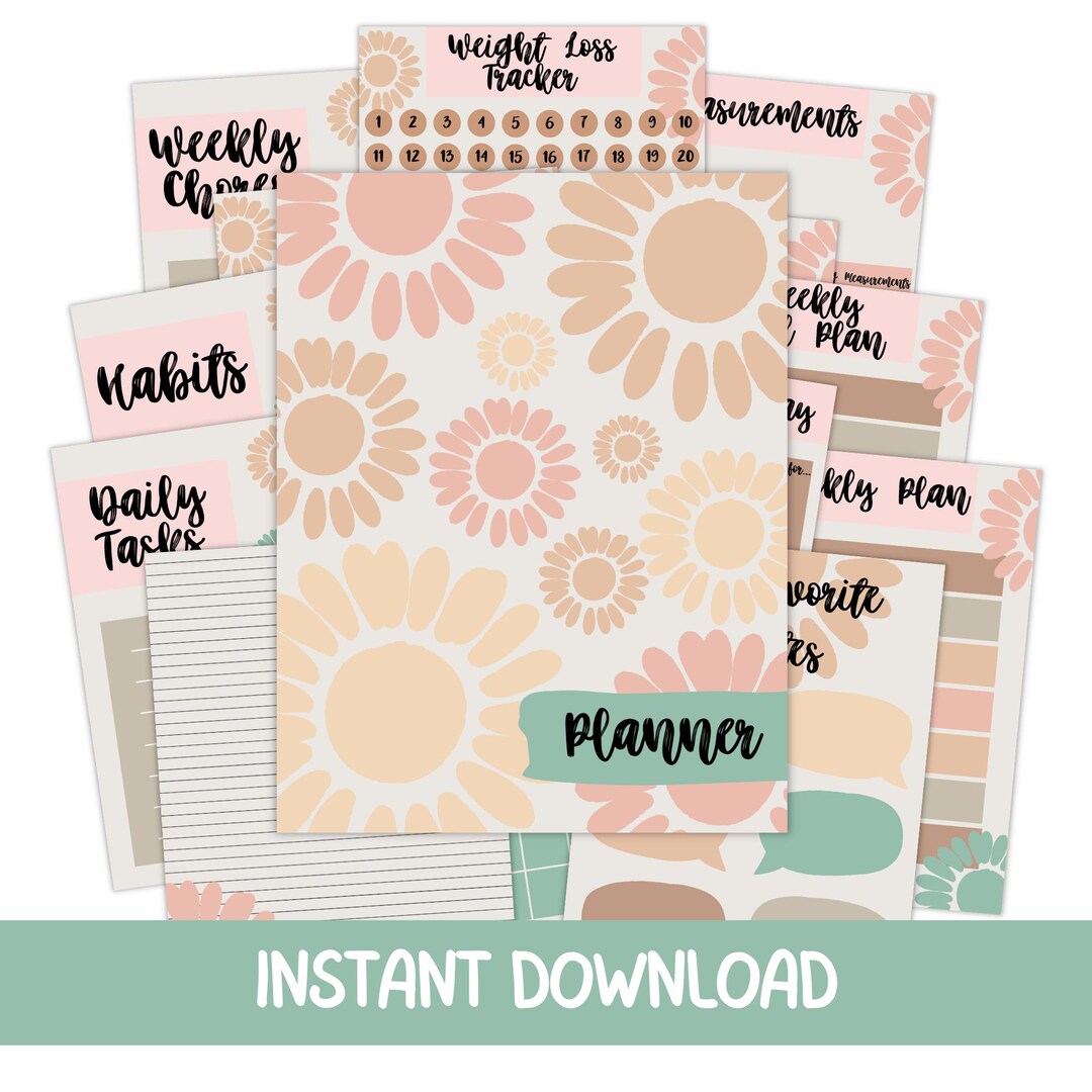 Neutral Floral Undated Planner Printable Bundle, Daily Weekly Monthly ...