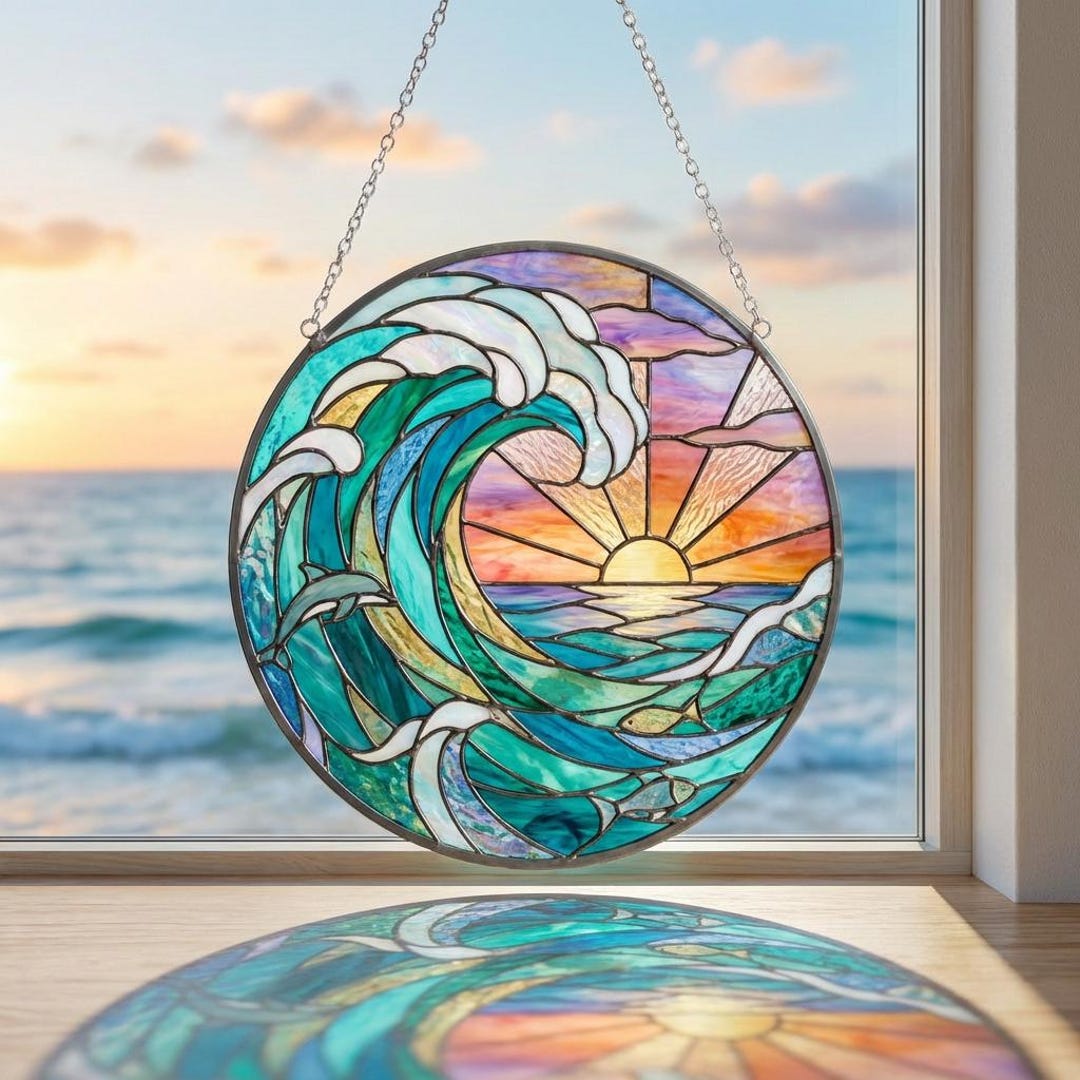 Ocean Wave Stained Glass Suncatcher, Coastal Beach Window Hanging ...