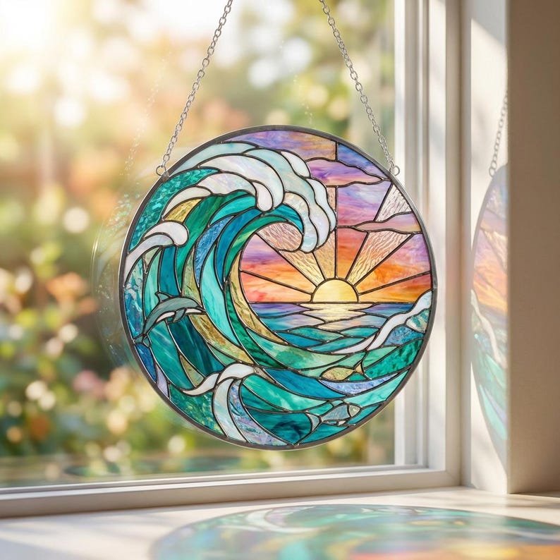 Ocean Wave Stained Glass Suncatcher, Coastal Beach Window Hanging ...