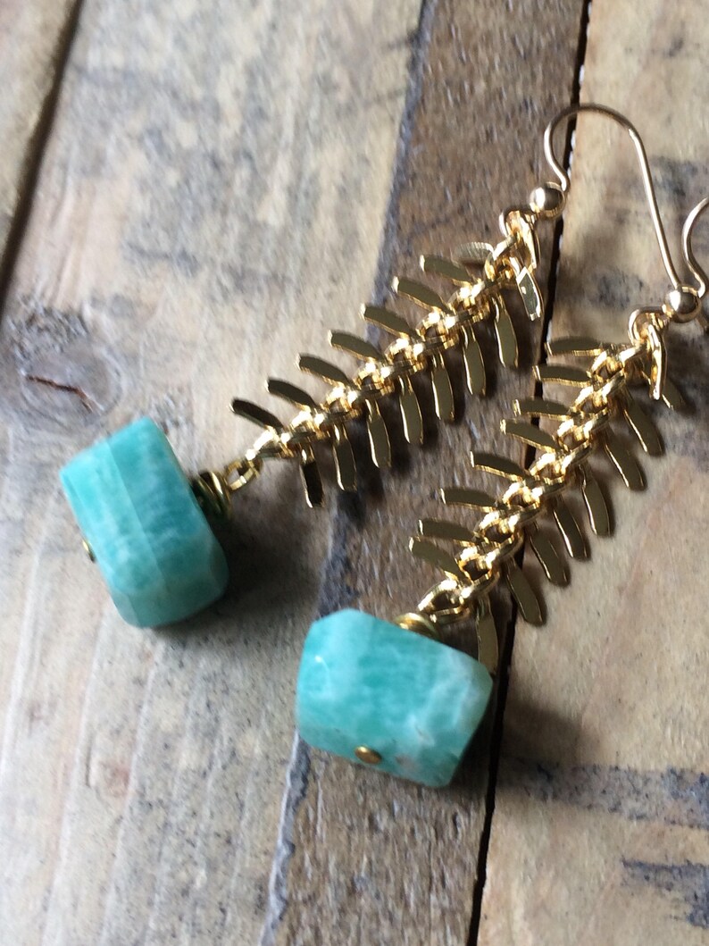Mint Green AMAZONITE and Brass Fishbone Chain Earrings - Etsy