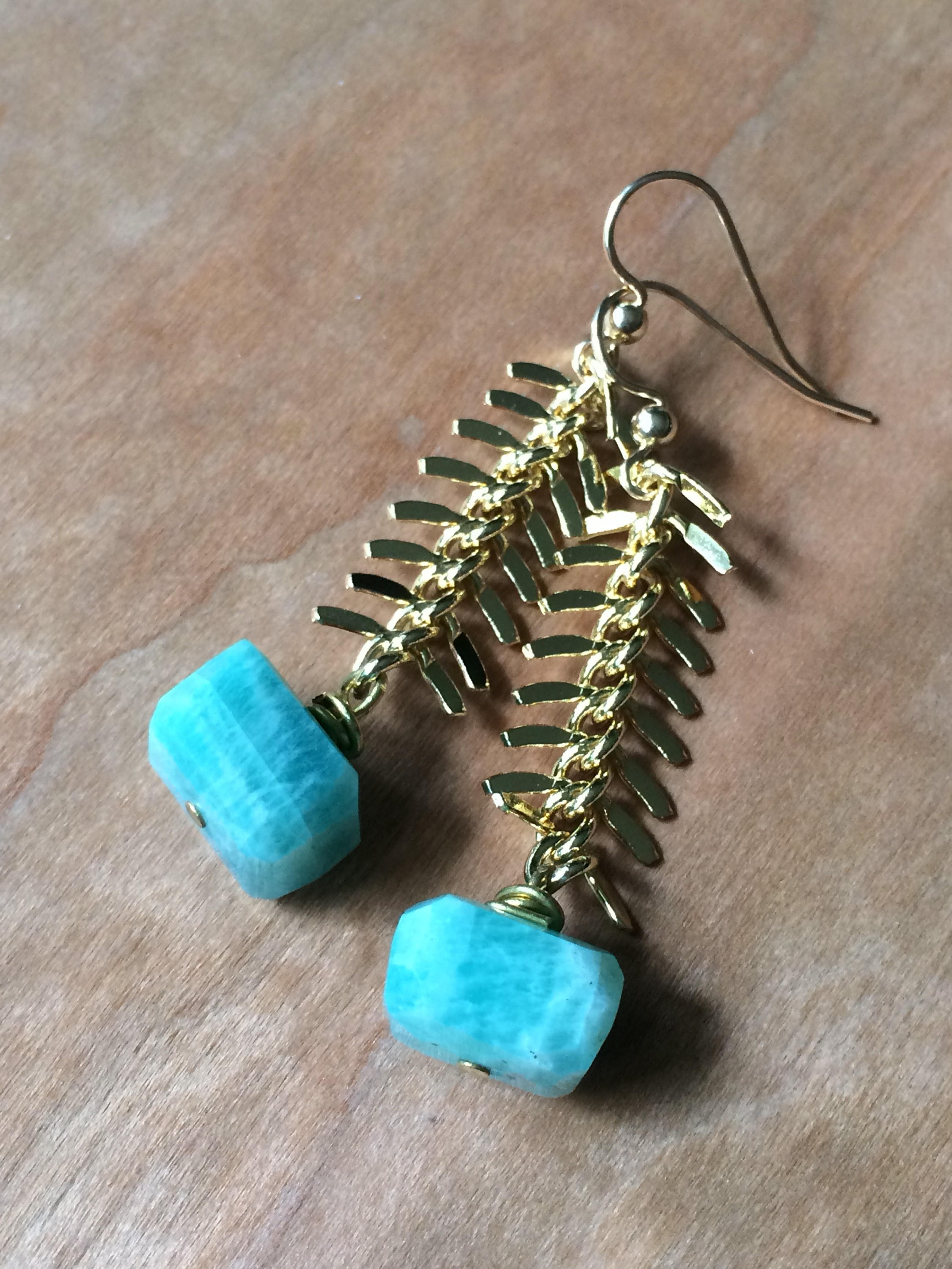 Mint Green AMAZONITE and Brass Fishbone Chain Earrings - Etsy