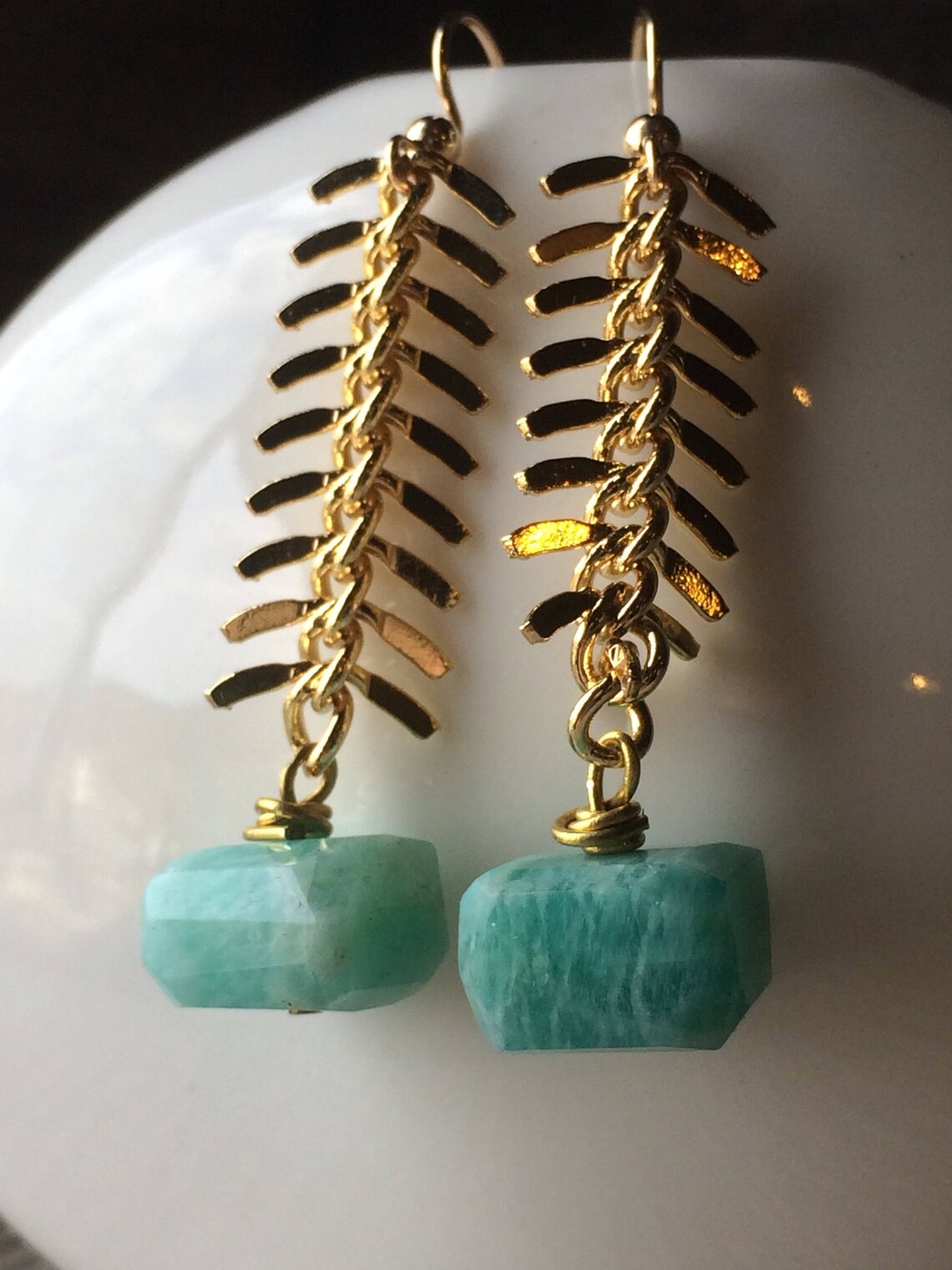 Mint Green AMAZONITE and Brass Fishbone Chain Earrings - Etsy
