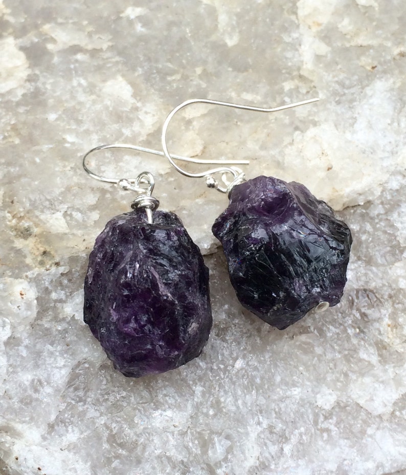 Dark Purple Rough AMETHYST Stone Crystal Sterling Earrings - Etsy