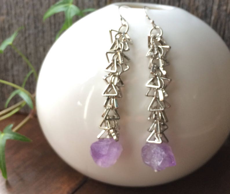 AMETHYST Crystal Points Silvertone Triangle Chain Fringe Earrings - Etsy