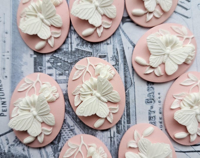 IMPERFECT Butterfly With Flower Victorian Cameo Cabs 40x30mm - White on ...