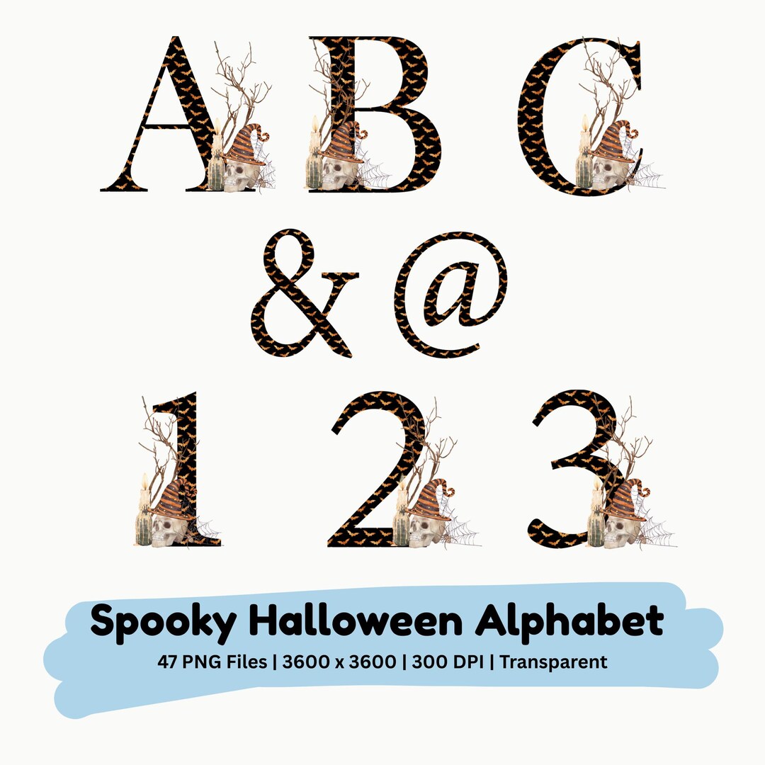 Spooky Halloween Alphabet PNG | Skull, Bat, Witch Clipart (digital ...