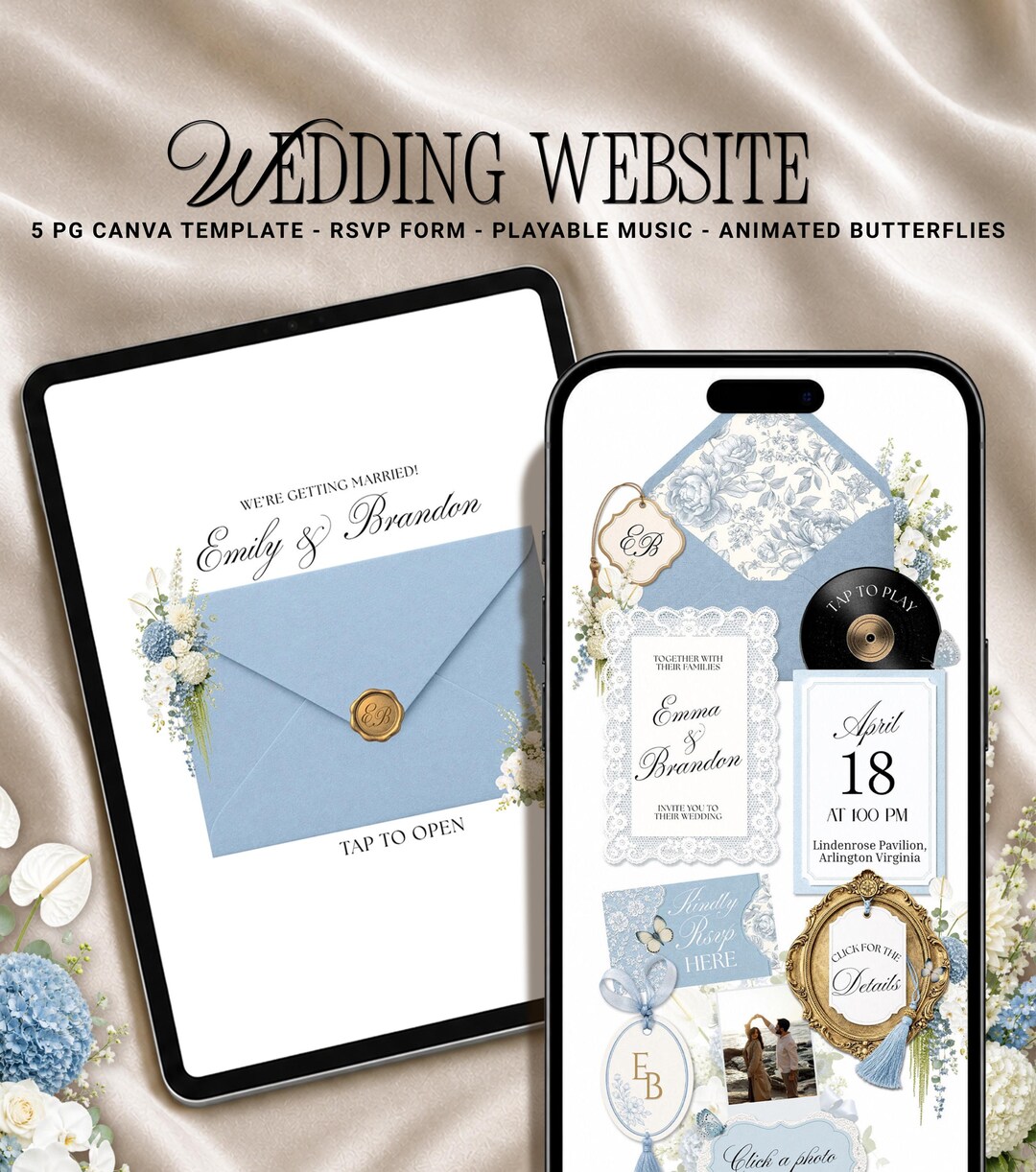 Light Blue and Gold Floral Wedding Website Canva Template (5 Pages ...