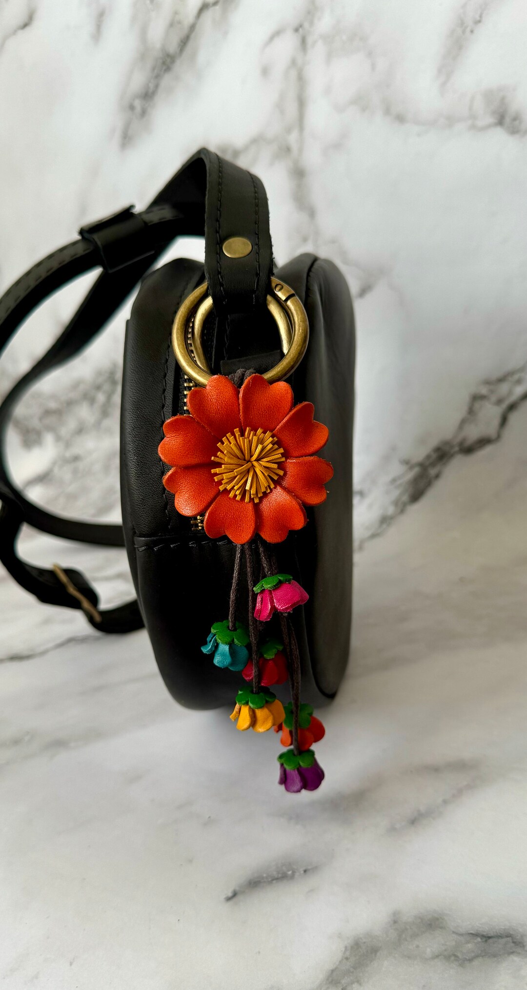Karen's ORANGE Daisy Small-eeerr Leather Keychain & Charm With Antique ...