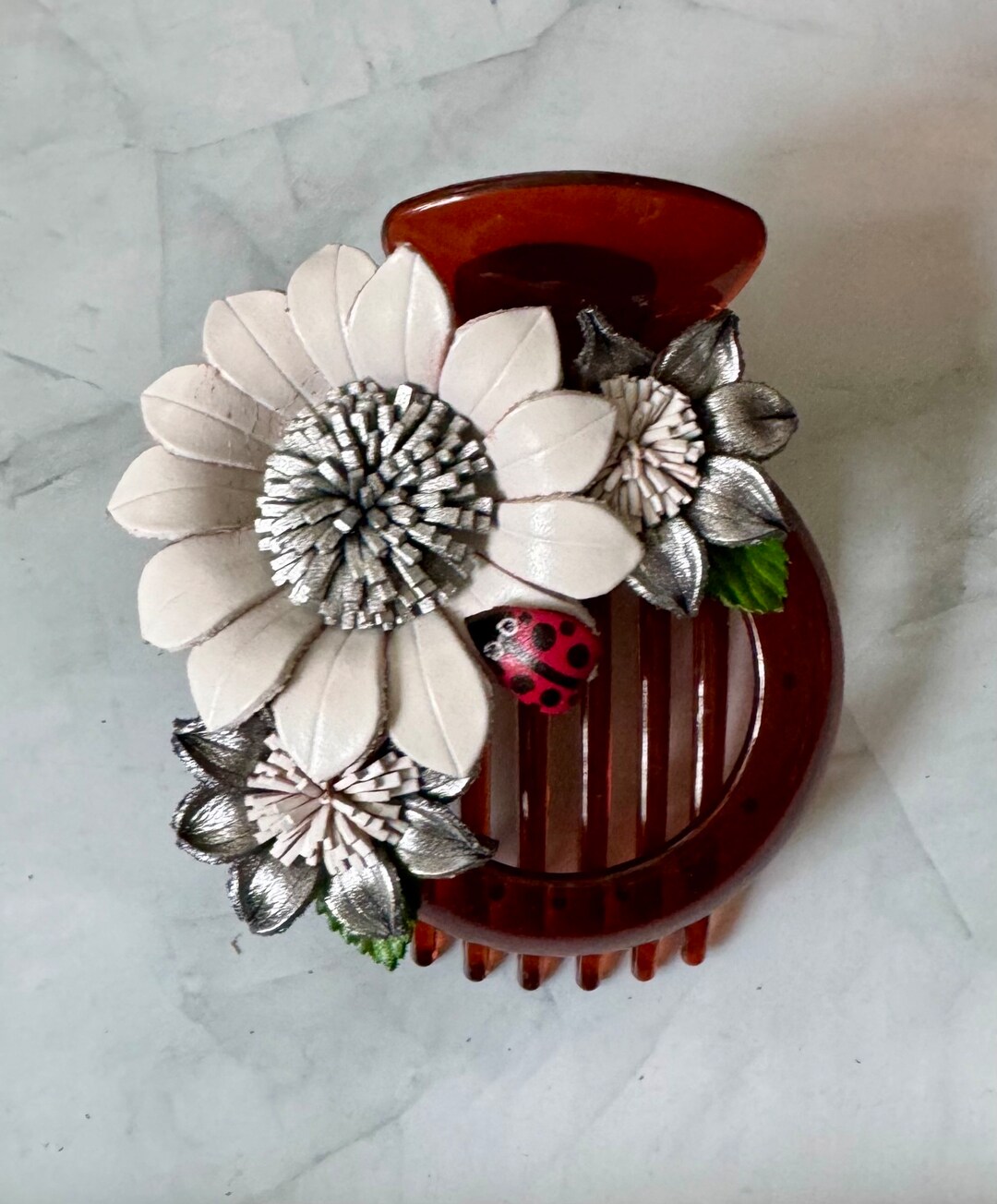 Sunflower Leather Flower With Ladybug Bun Holder and Hairclip in Hot ...