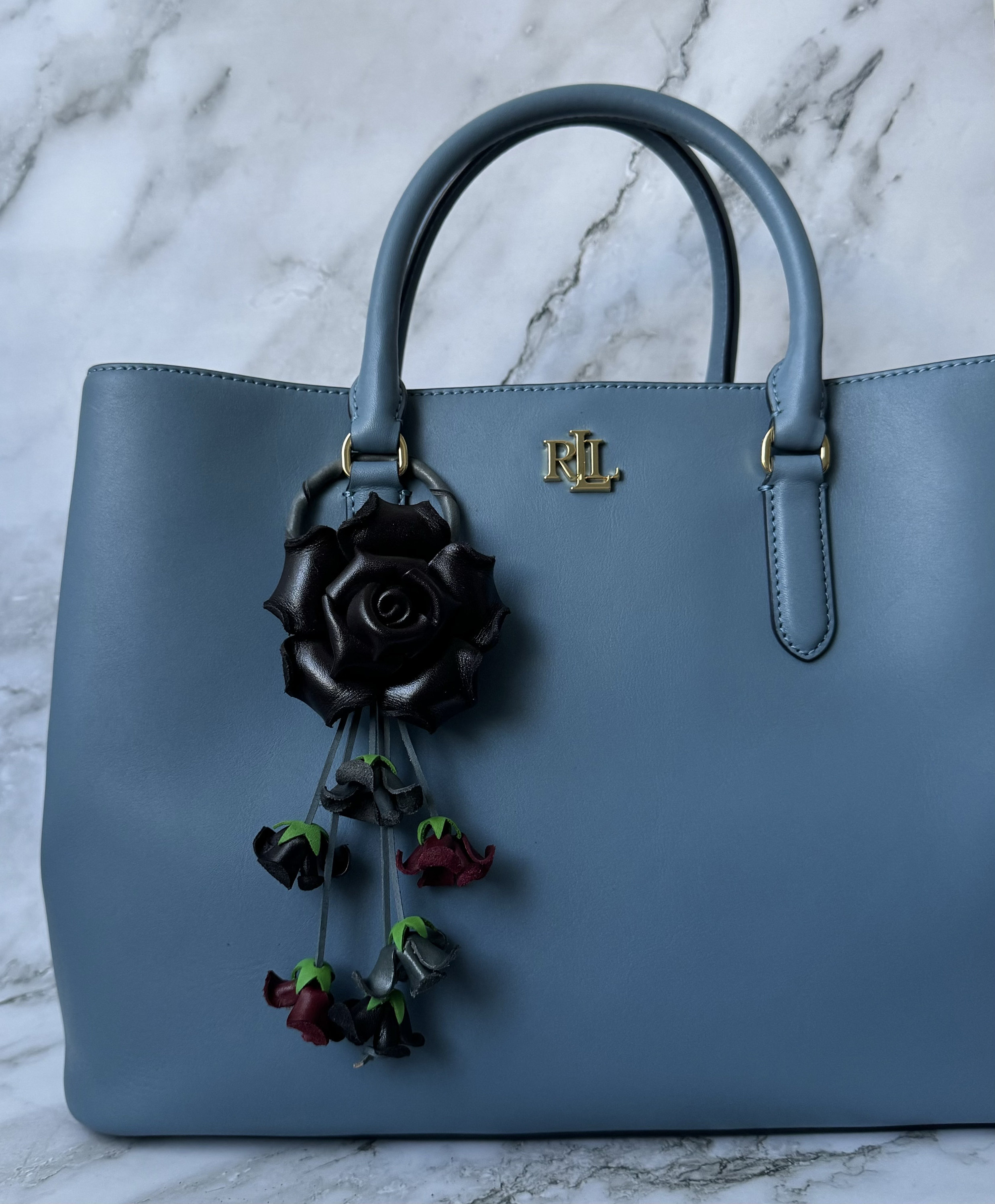 Leather ROSE Kechain and Purse/handbag Charm in Black Combination - Etsy