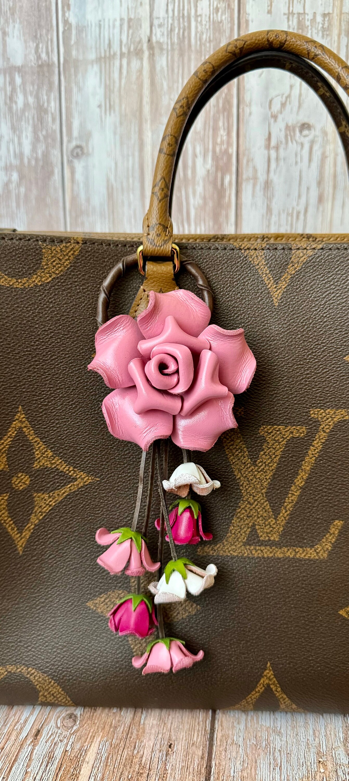Leather ROSE Kechain and Purse/handbag Charm in Pink & White Combo ...