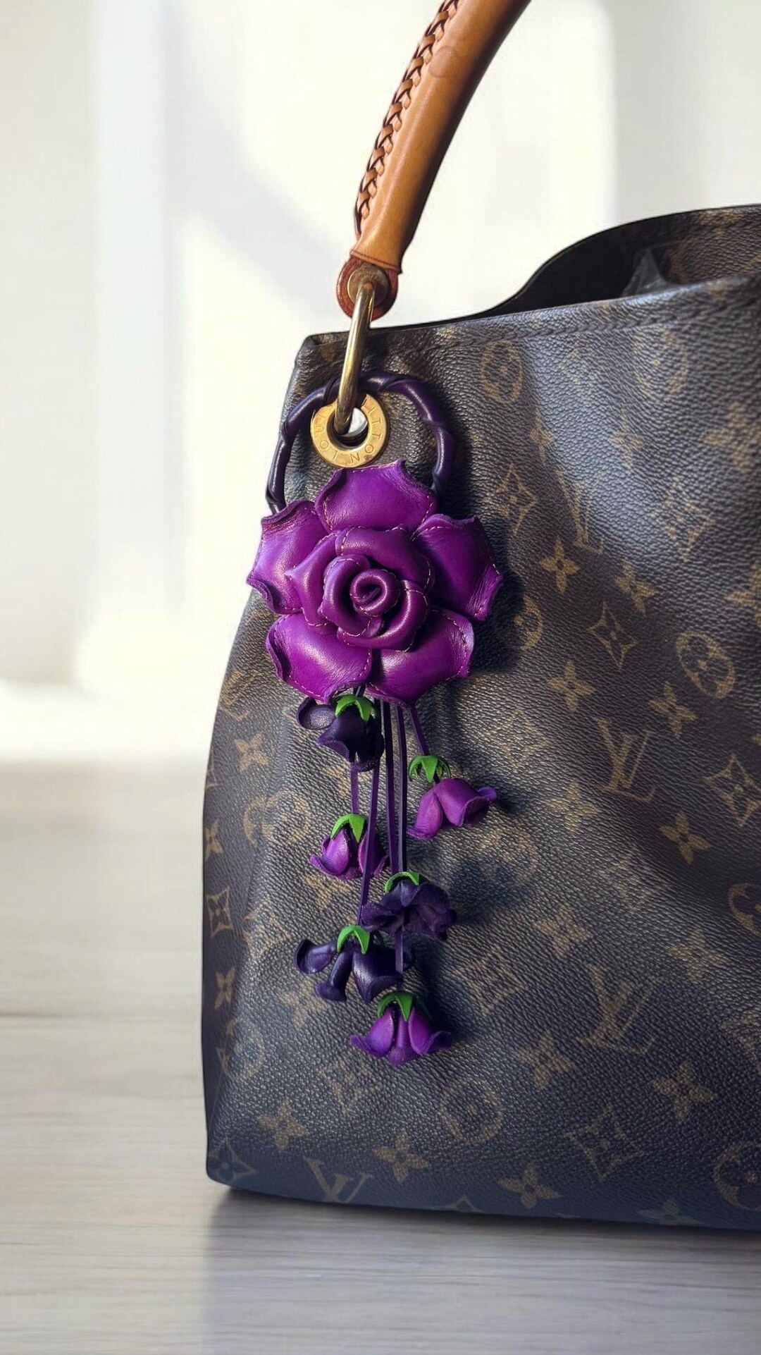 Leather ROSE Kechain and Purse/handbag Charm in Purple Combination - Etsy