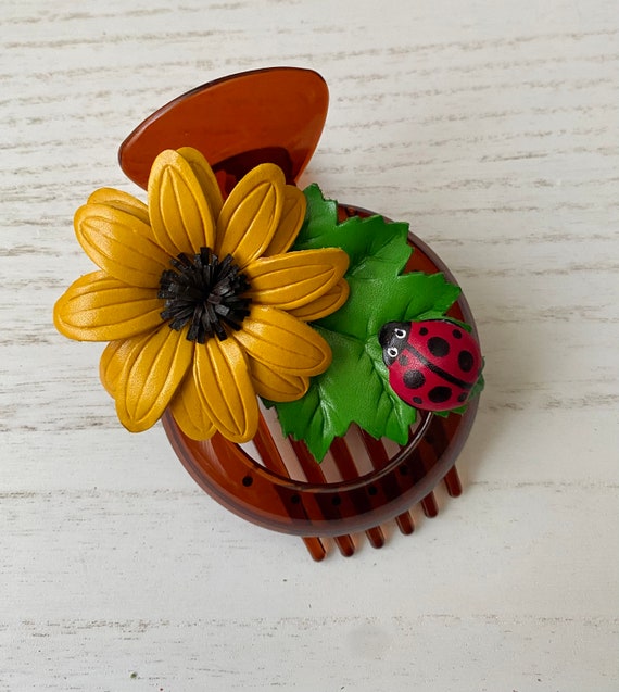 Sunflower Leather Flower With Ladybug Bun Holder and Hairclip - Etsy