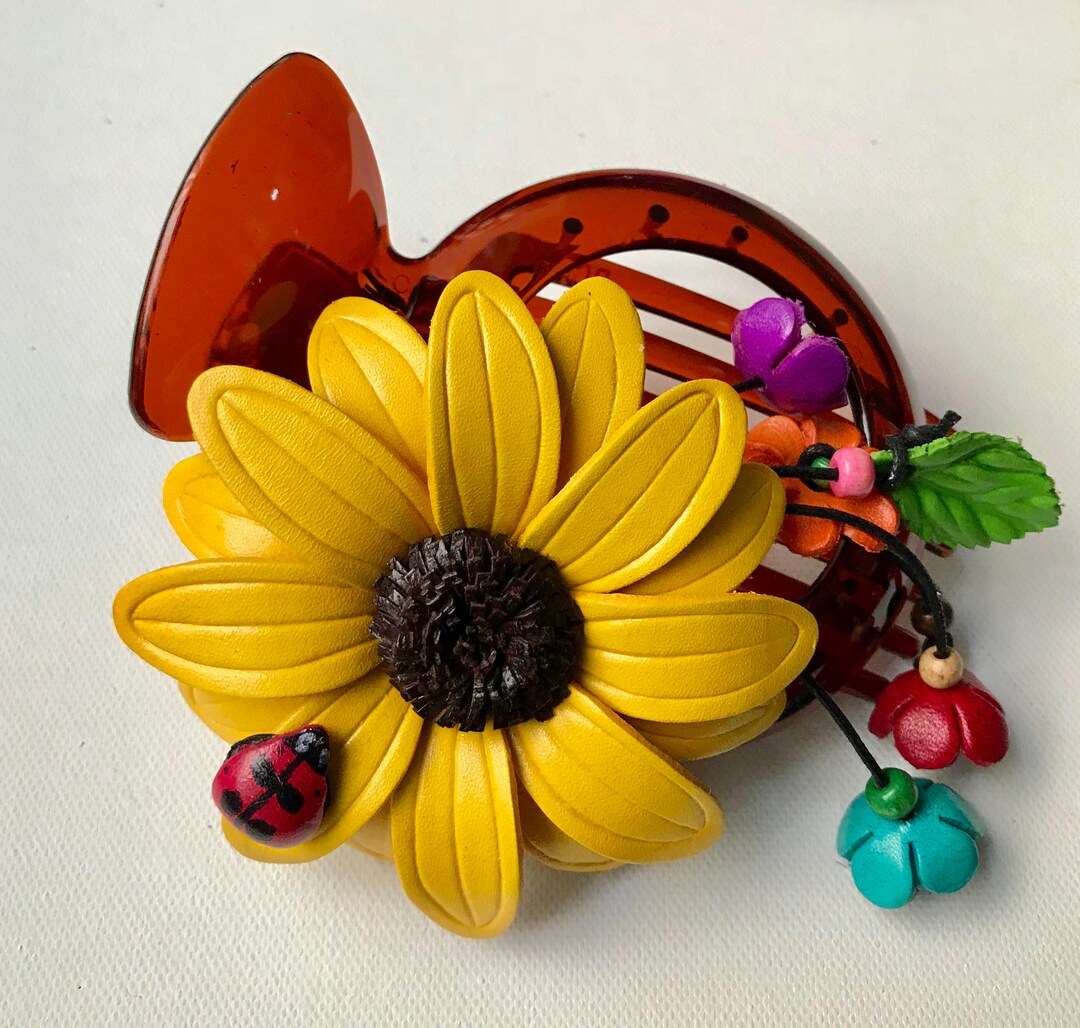 Sunflower Leather Flower With Ladybug Bun Holder and Hairclip in YELLOW ...
