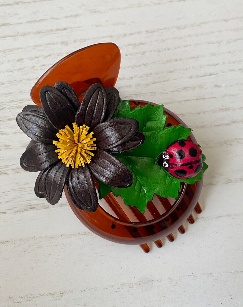 Sunflower Leather Flower With Ladybug Bun Holder and Hairclip - Etsy