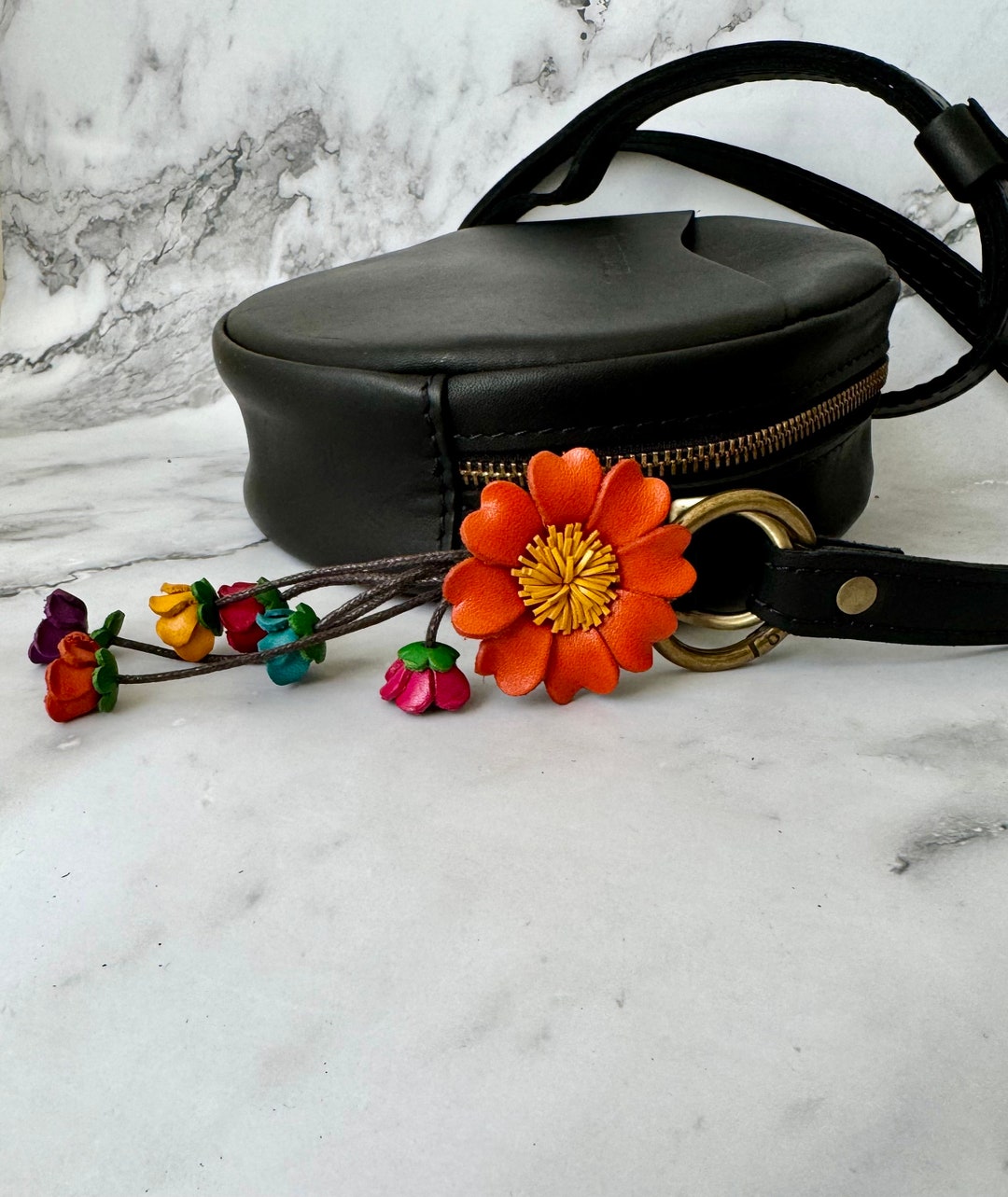 Karen's ORANGE Daisy Small-eeerr Leather Keychain & Charm With Antique ...