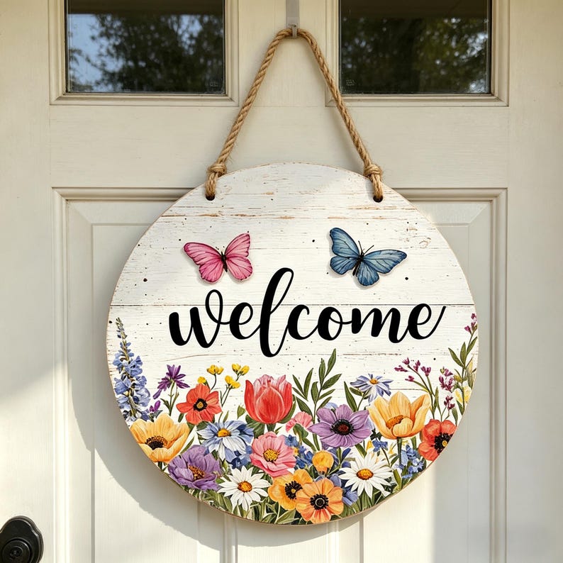 Spring Summer Flower Welcome Sign, Wildflower Wooden Door Hanger ...