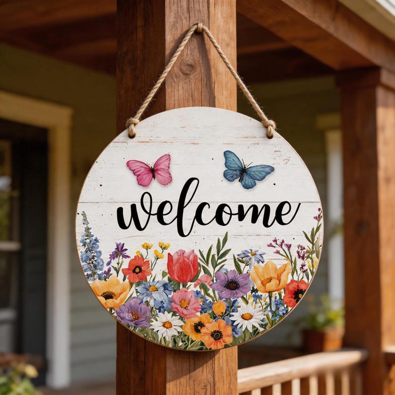 Spring Summer Flower Welcome Sign, Wildflower Wooden Door Hanger ...