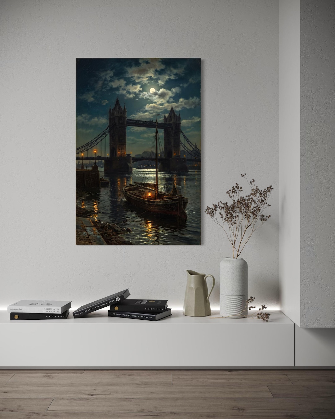 Moonlit Tower Bridge Canvas | the Alert Sailboat, Thames River Painting ...