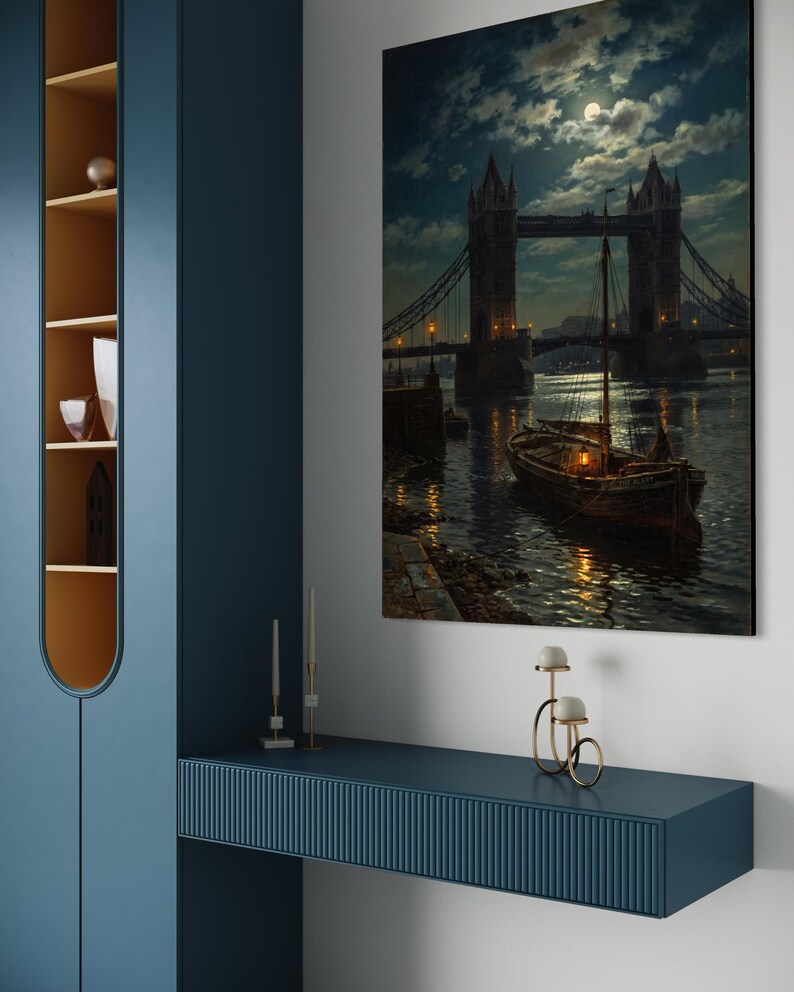 Moonlit Tower Bridge Canvas | the Alert Sailboat, Thames River Painting ...