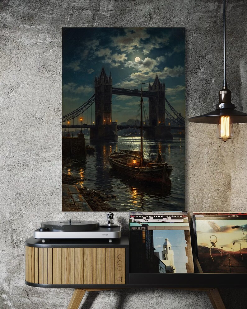Moonlit Tower Bridge Canvas | the Alert Sailboat, Thames River Painting ...
