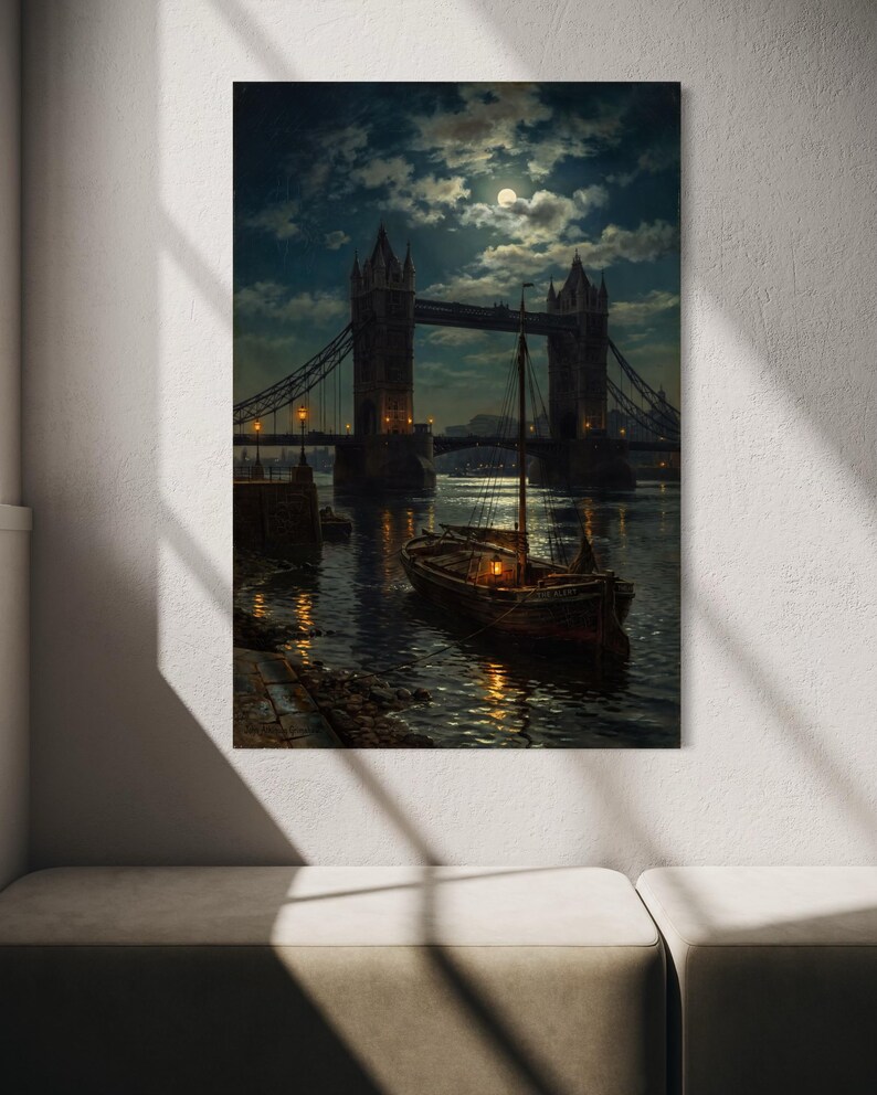 Moonlit Tower Bridge Canvas | the Alert Sailboat, Thames River Painting ...