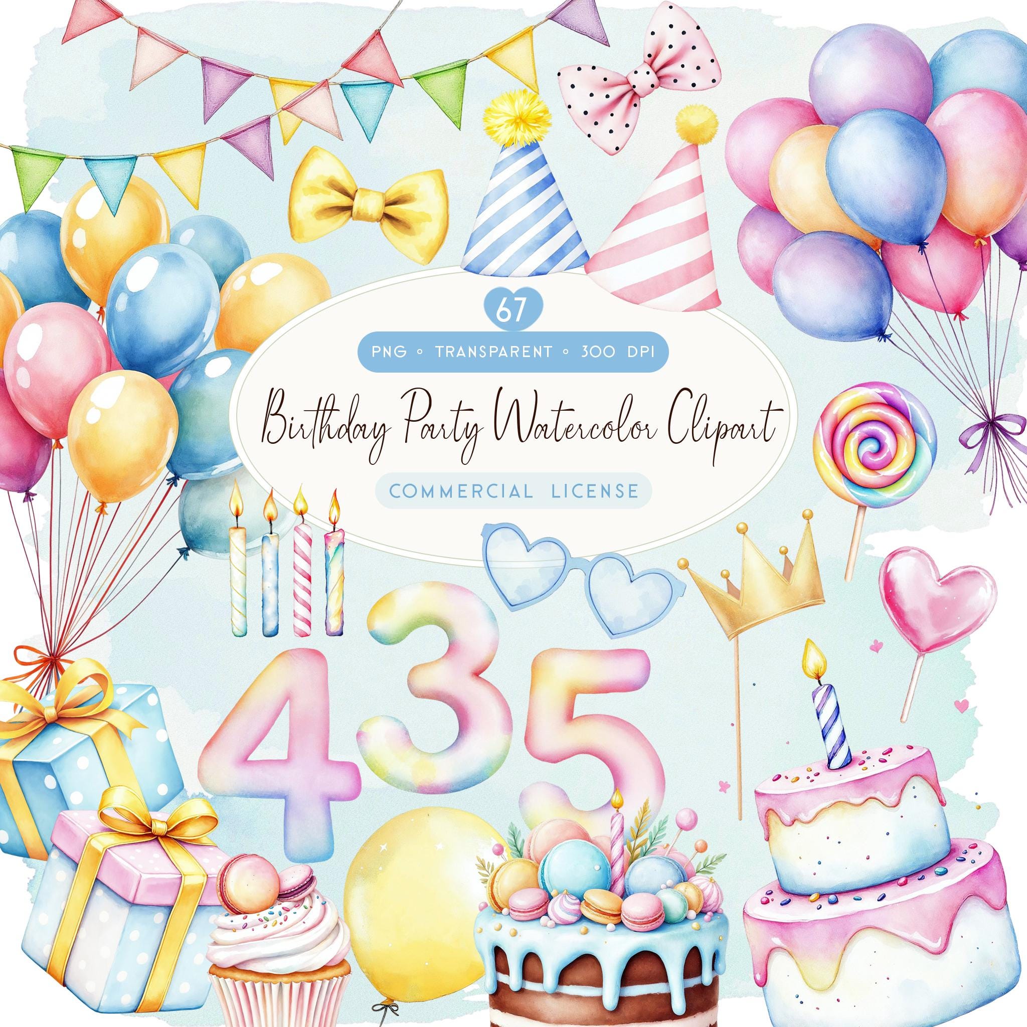 Birthday Celebration Clipart Bundle, Party Accessories Watercolor Set ...