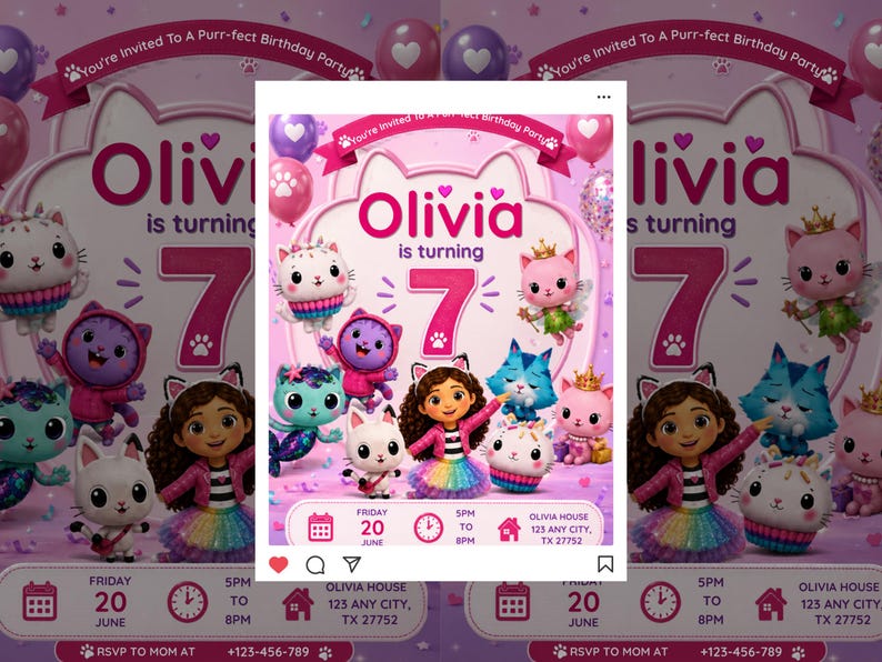 Cat Birthday Invitation Canva Template | Pink Kitty Party Flyer ...