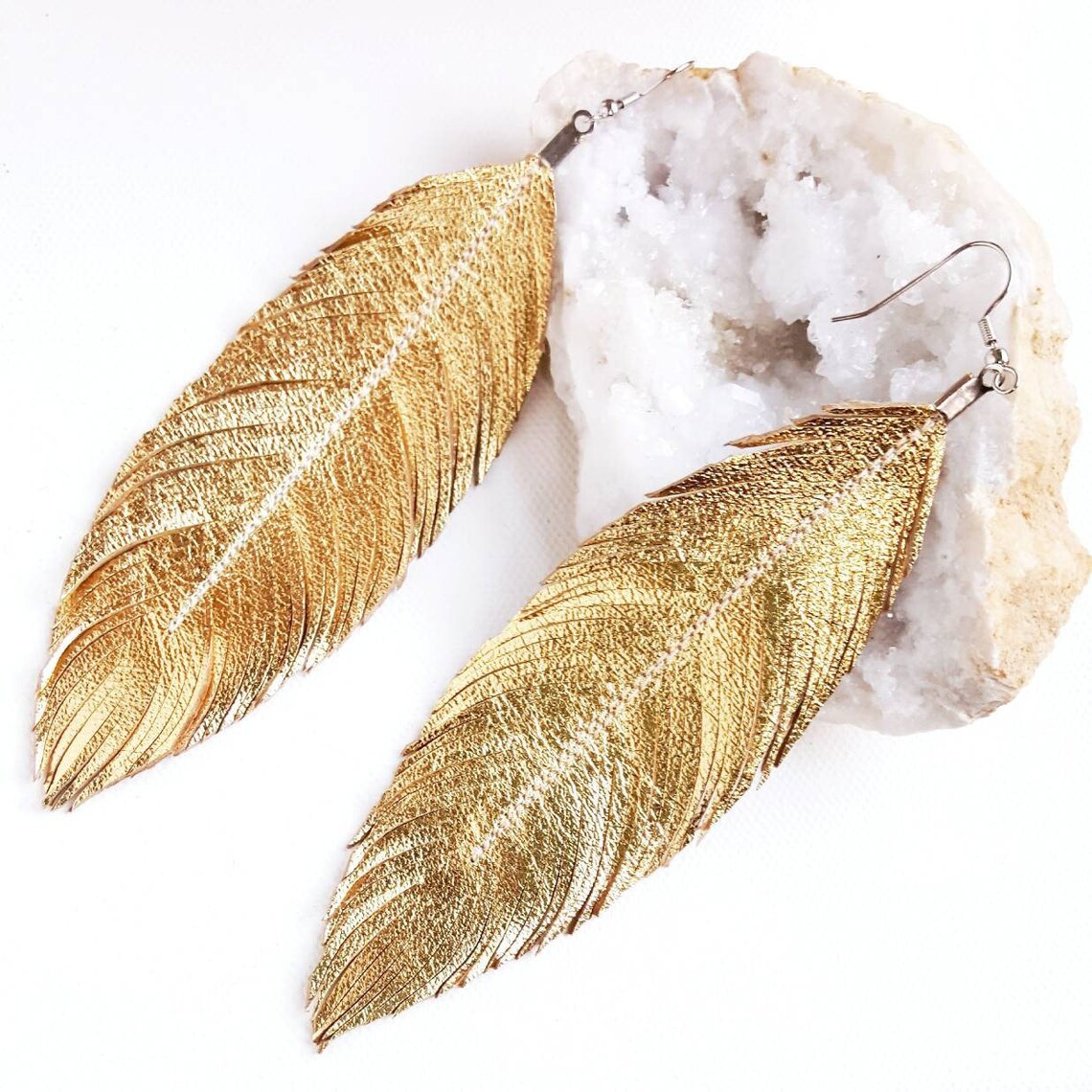 Feather Earrings Gold Feather Earrings Leather Earrings - Etsy