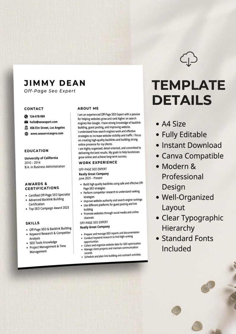 Modern Resume Template Canva – Editable CV for Job Seekers, 2026 ...