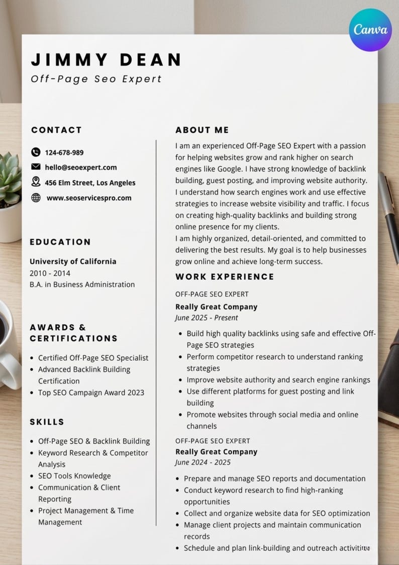 Modern Resume Template Canva – Editable CV for Job Seekers, 2026 ...