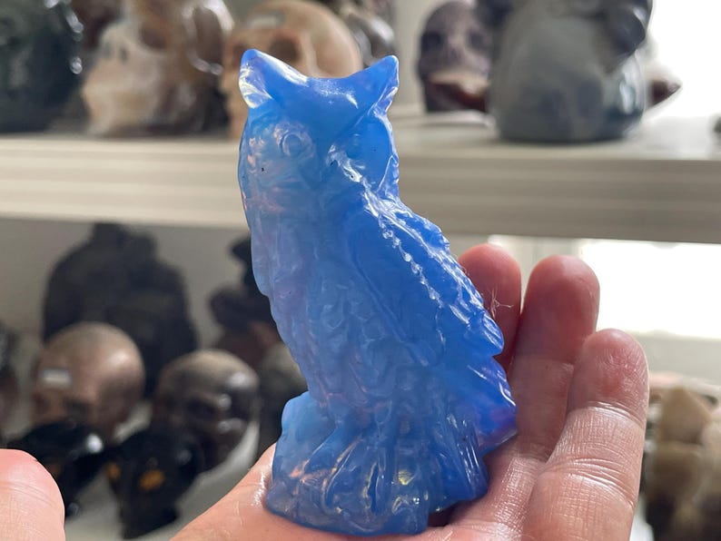 3.1'' Blue Opalite Owl Skull Quartz Crystal Owl Skull Hand Caved Owl ...