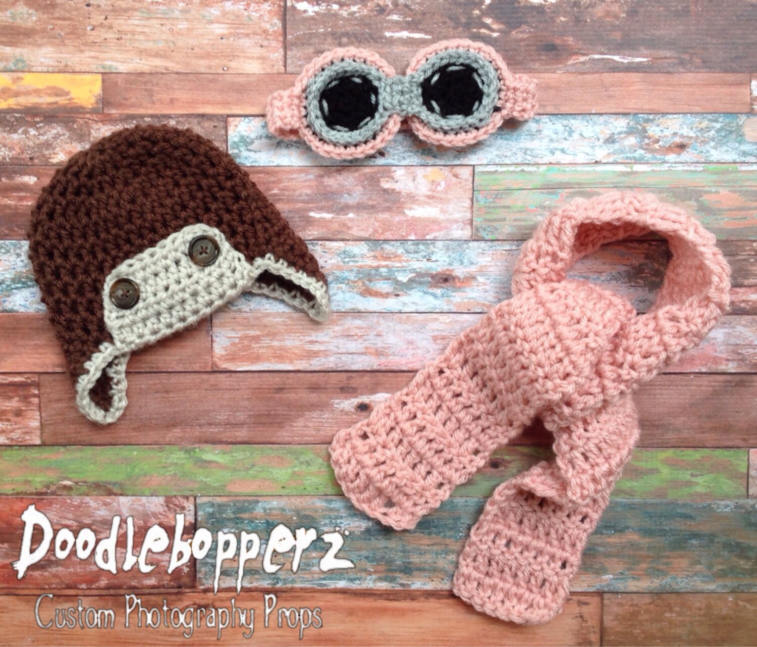 Newborn Aviator Hat, 3 Piece Set, Aviator, Goggles, Scarf, Brown, Pink ...