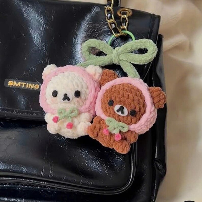 Cute Crochet Bear Couple Keychain - Handmade Teddy Bear With Pink Hood ...