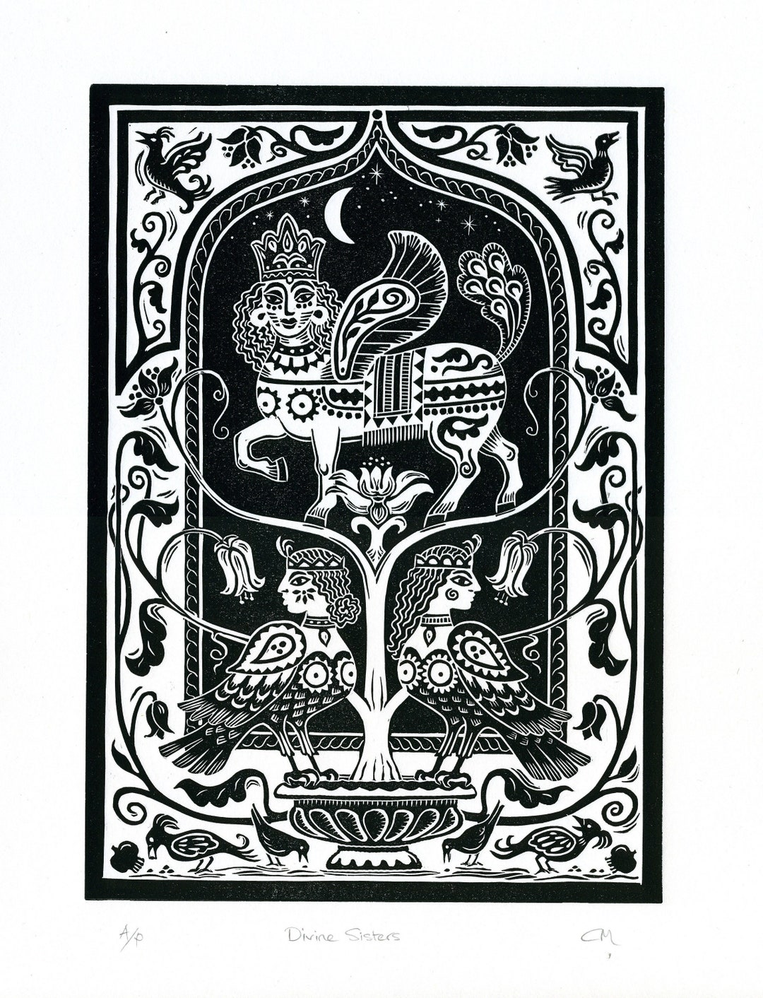 Linocut Print in Black on White Tree of Life Design Mythological Female ...