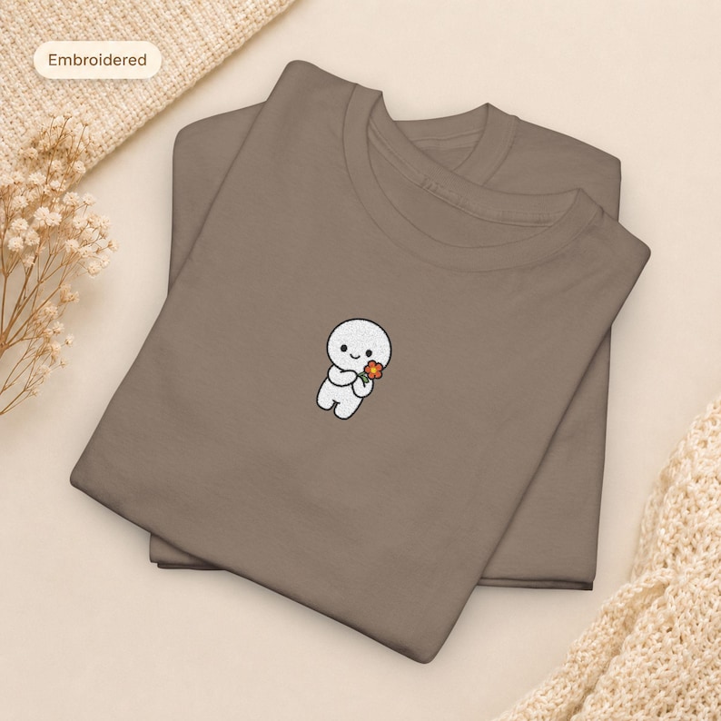 Little Flower Buddy Embroidered Shirt, Cute Character Tee, Minimal ...