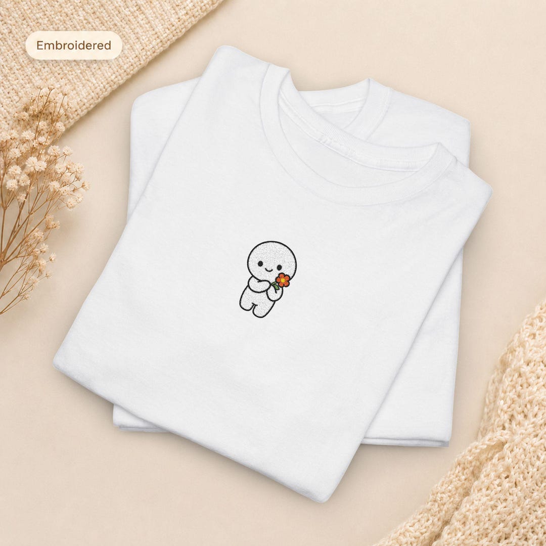 Little Flower Buddy Embroidered Shirt, Cute Character Tee, Minimal ...