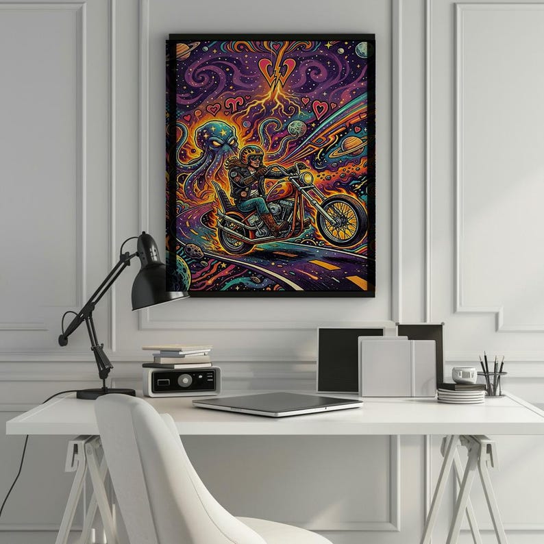 Psychedelic Cosmic Journey Wall Art - Vibrant Motorcycle Adventure ...