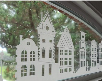 Christmas Villages 3 Scenes Vinyl/cling,santa Sleigh Star Moon ...