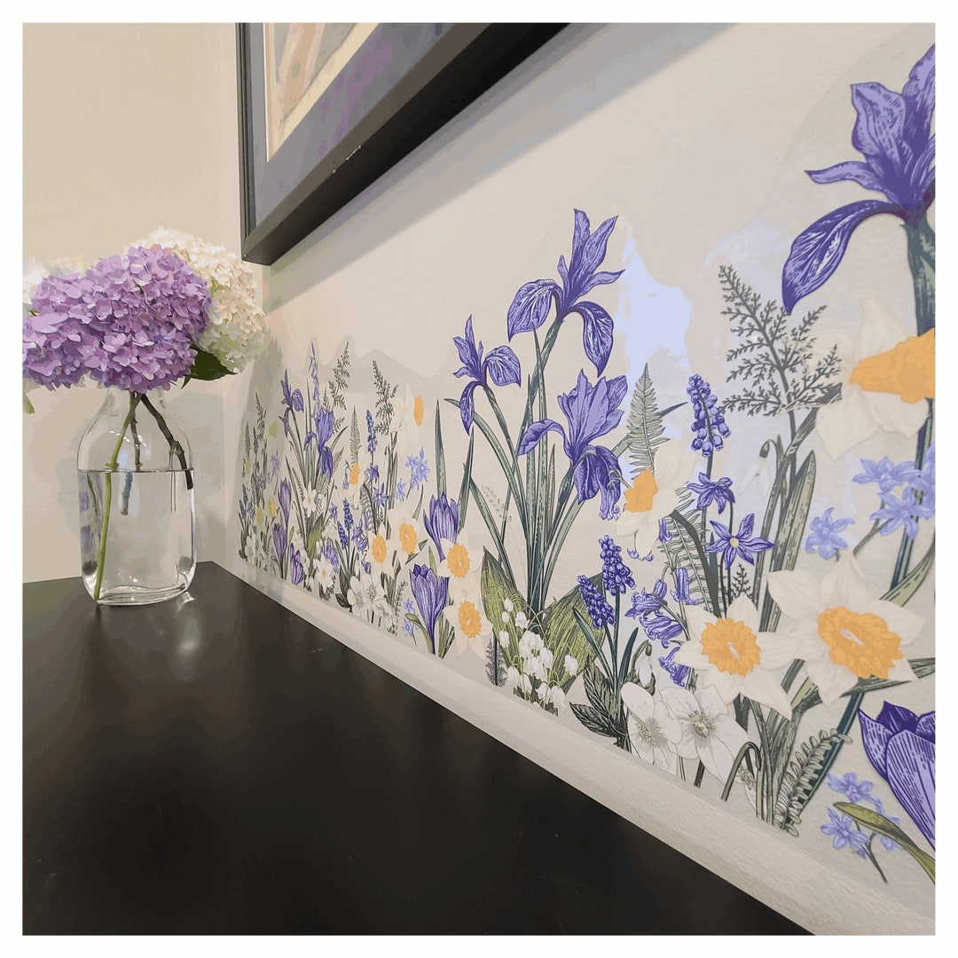 Botanical Spring Flower Wall Cling Decal. Crocuses, Ferns, Daffodils ...