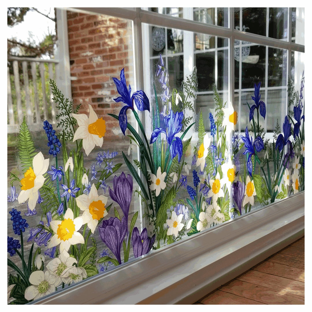 Botanical Springtime Flower Window Cling Decal. Crocuses, Ferns ...