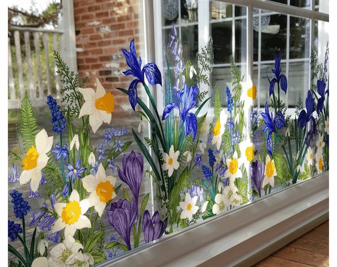 Botanical Springtime Flower Window Cling Decal. Crocuses, Ferns ...
