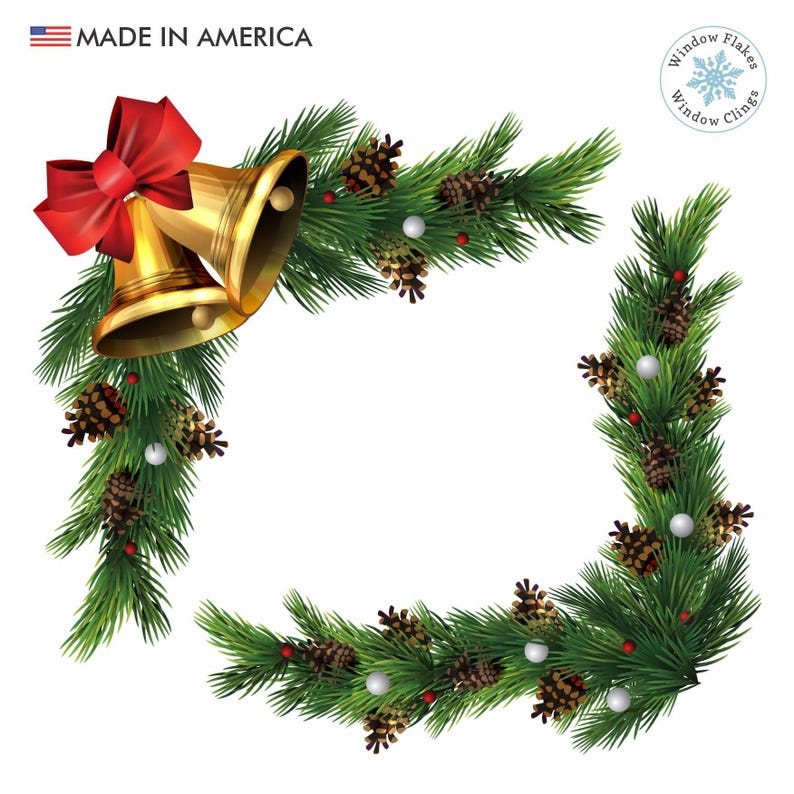 Christmas Fir, Cones, Ribbon & Bell Garland Corner Window Clings ...
