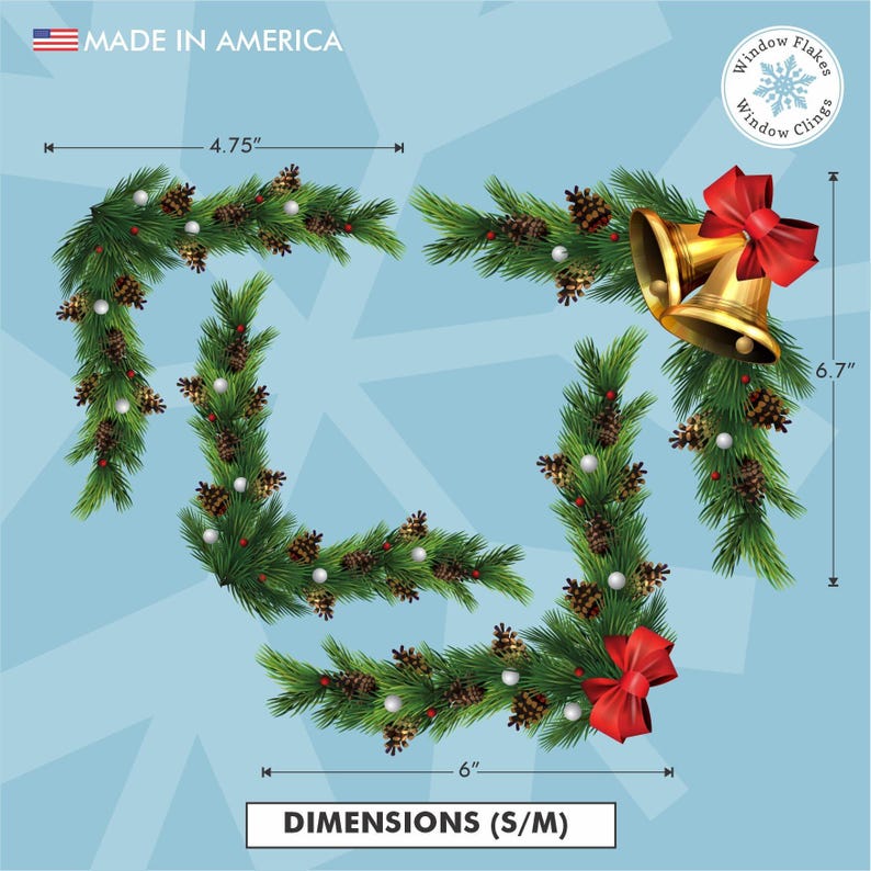 Christmas Fir, Cones, Ribbon & Bell Garland Corner Window Clings ...