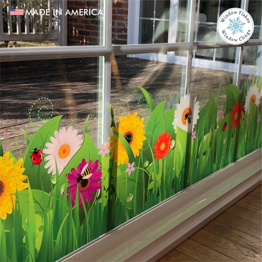 Wild Grass Flowers Cling Border Decal for Glass, Featuring Lady Bugs ...