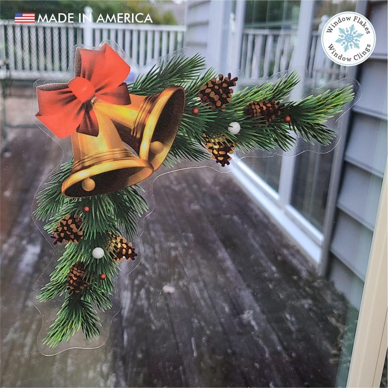 Christmas Fir, Cones, Ribbon & Bell Garland Corner Window Clings ...